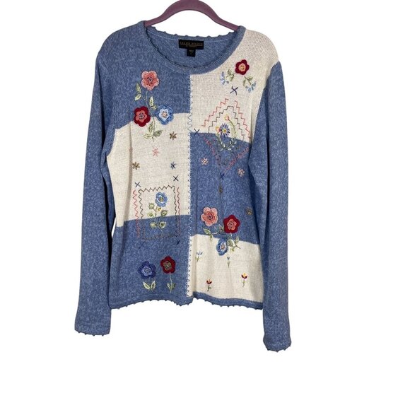 Habond | Sweaters | Vintage Knit Patchwork Sweater L Blue Floral ...